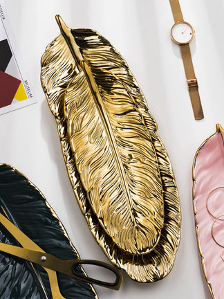 Nordic light luxury style ins golden feather plate retro jewelry plate ...